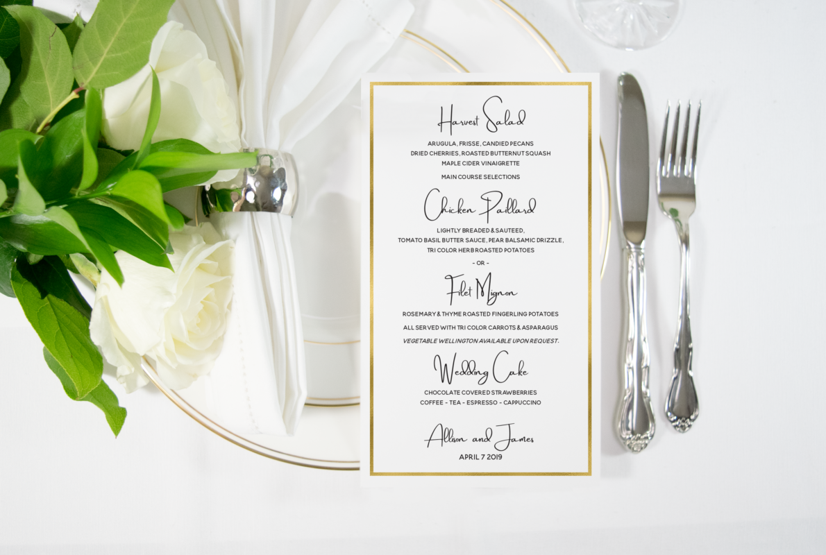 Gold Foil Border Food Menus - White Fox Paper Co